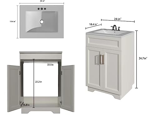 OLD CAPTAIN Bathroom Vanity with Ceramic Sink, Wooden Double Door Bathroom Storage Vanity with 24 Inch, Small Quick Assembly Bathroom Cabinet, White & Grey - Faucets and Downpipes Not Included (White)