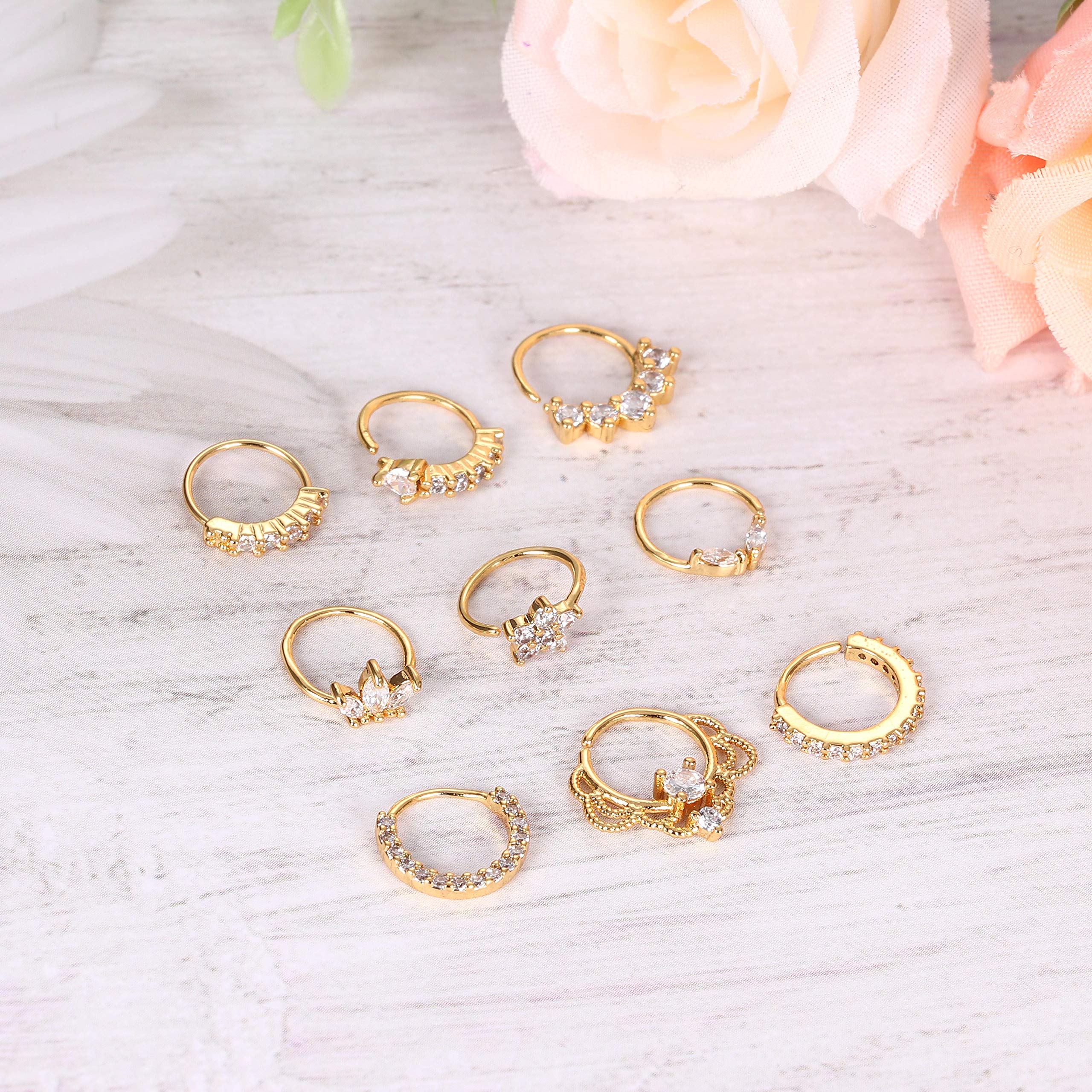FIBO STEEL 20G Nose Ring Hoop for Women Men Paved CZ Cartilage Earring Bendable Body Ear Piercing Hoop Ring 9Pcs Gold