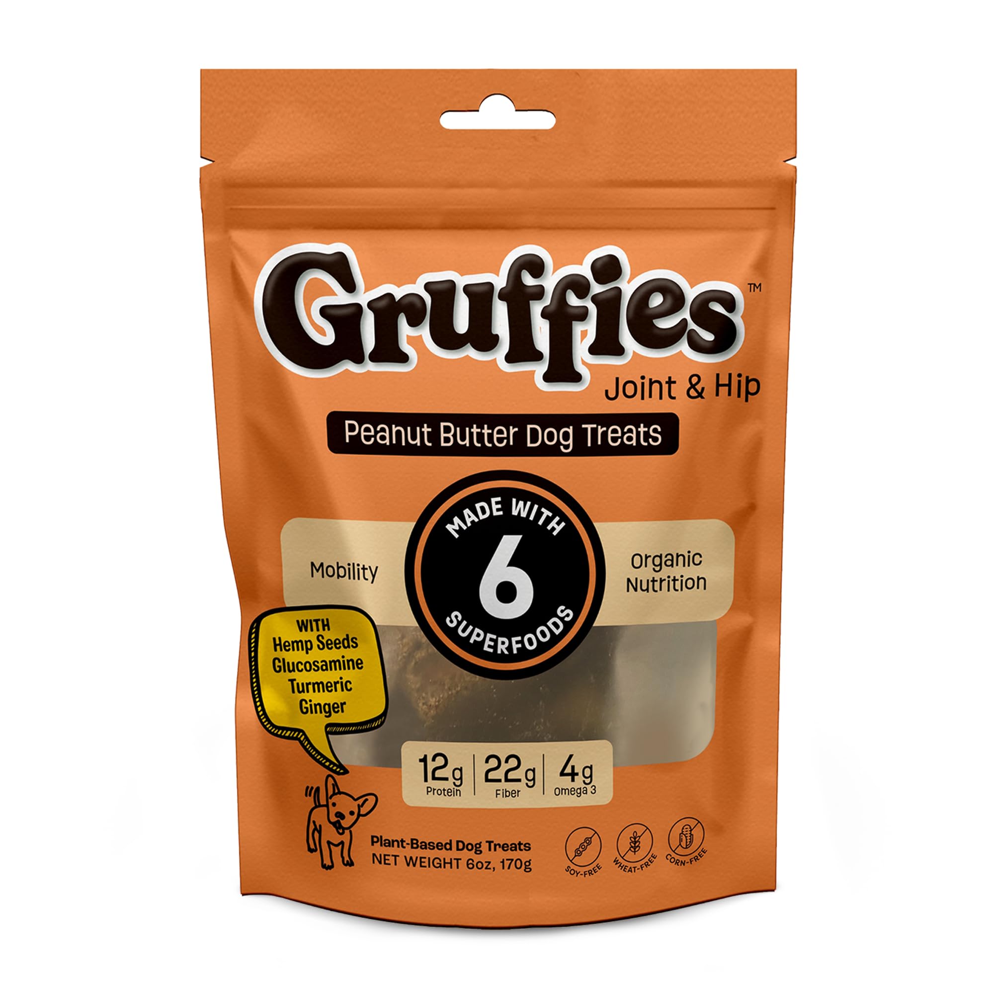 Gruffies Ease Hip & Joint Chews for Dogs, Peanut Butter Flavor 6 oz (Pack of 1) | Organic Dog Supplements for All Life Stages | Dog Treats for Joint Mobility & Pain Relief | Veterinarian Approved