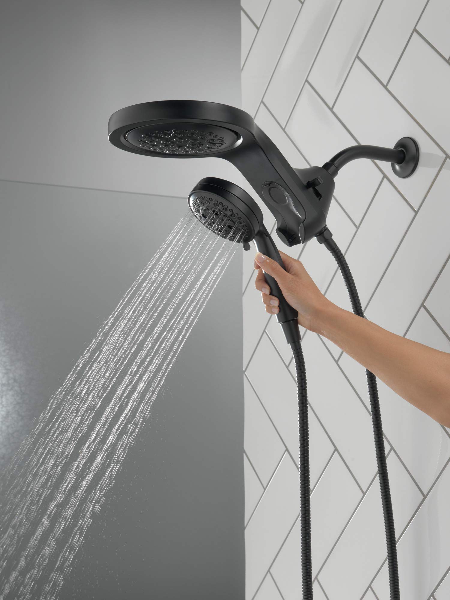 Delta Faucet HydroRain 5-Spray H2Okinetic Dual Shower Head with Handheld Spray, Black Shower Head with Hose, Handheld Shower Heads, Detachable Shower Head, 1.75 GPM Flow Rate, Matte Black 58680-BL