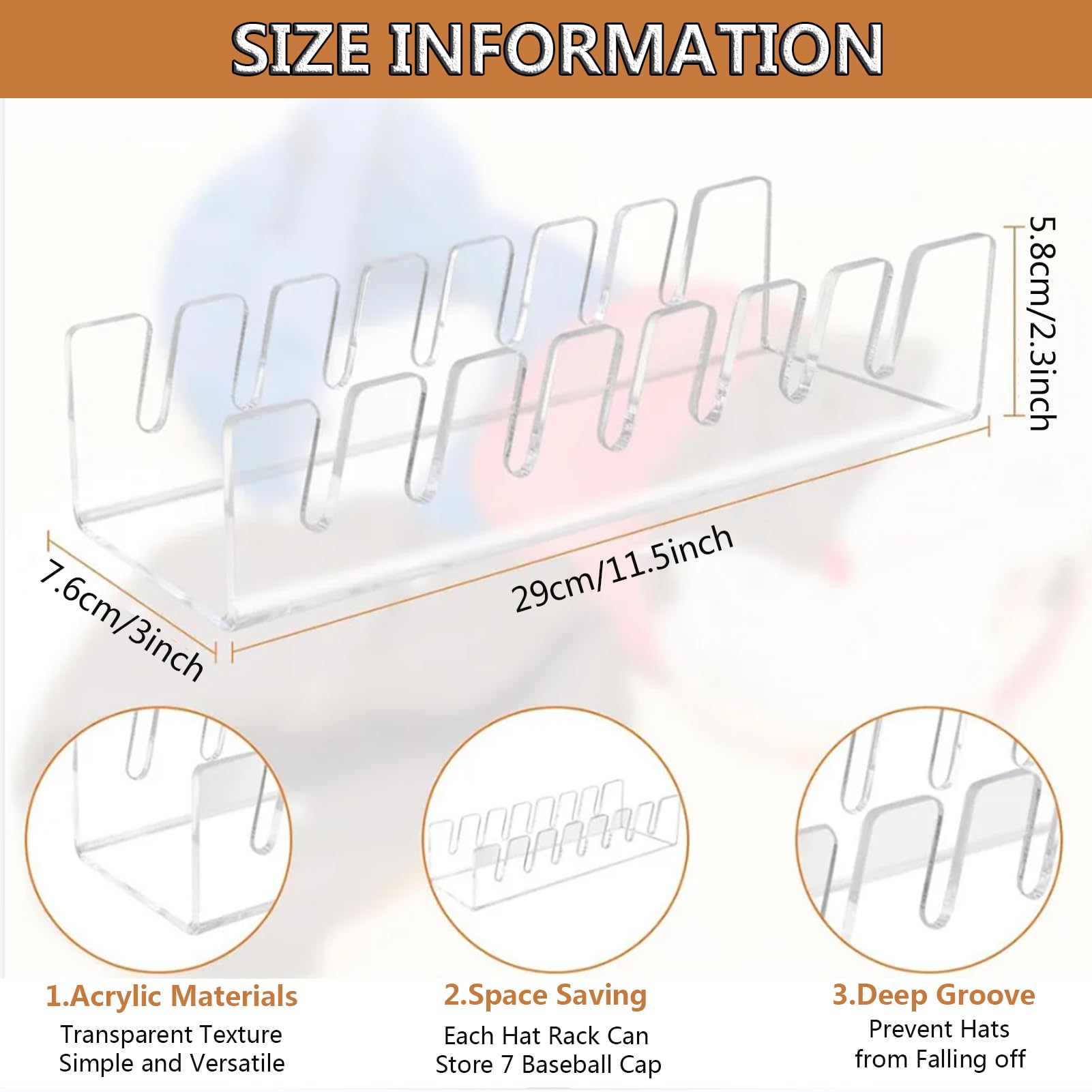 GSCDJCM 3 Pack Hat Stand for Baseball Caps Display and Organizer, No Install Acrylic Hat Organizer, Hat Racks Display and Organizer, for 21 Baseball Caps, for Bedroom, Closet, Dresser(Clear