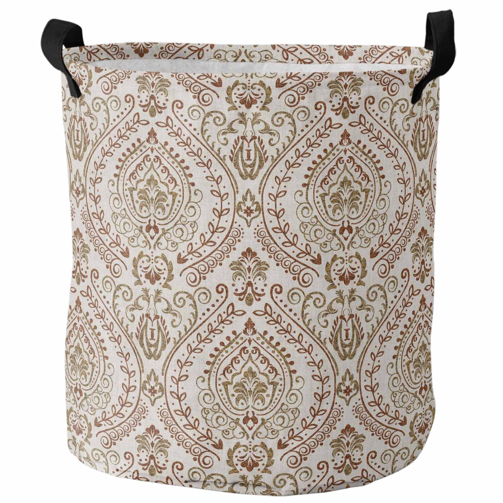 European Floral Laundry Basket Collapsible Bag with Easy Carry Handles, Large Waterproof Foldable Freestanding Hamper, Folding Washing Bin Clothes Storage Round Vintage Style Antique Bohemia Beige