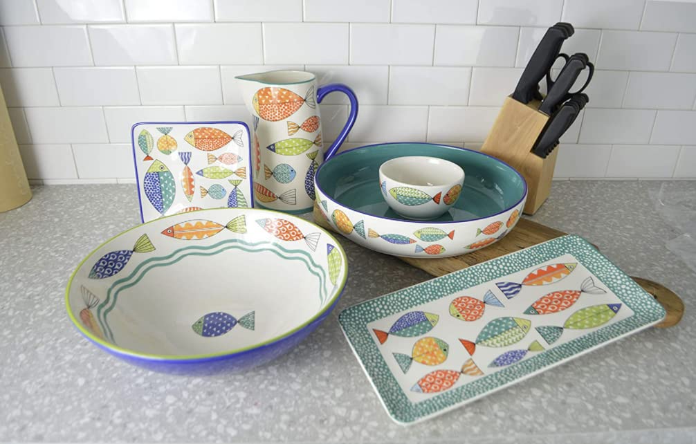 Euro Ceramica FreshCatch Collection 2.5LT Pitcher - Indoor/Outdoor Use - Colorful Cute Fish Pattern on White,Standard,FRC-86-3910