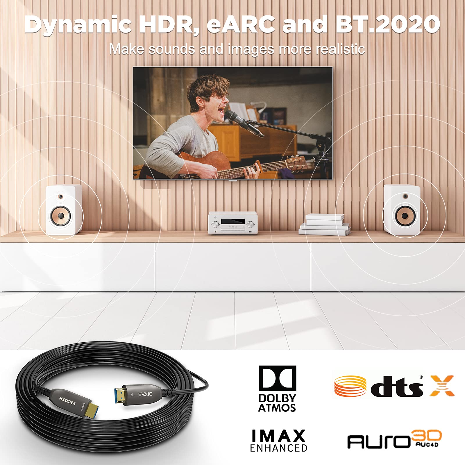 EVAIO 8K Fiber Optic HDMI Cable 100 FT, HDMI 2.1, 48Gbps, eARC, 8K@60Hz, 4K@120Hz, Compatible with RTX 3080/3090, Xbox Series X, PS5 etc