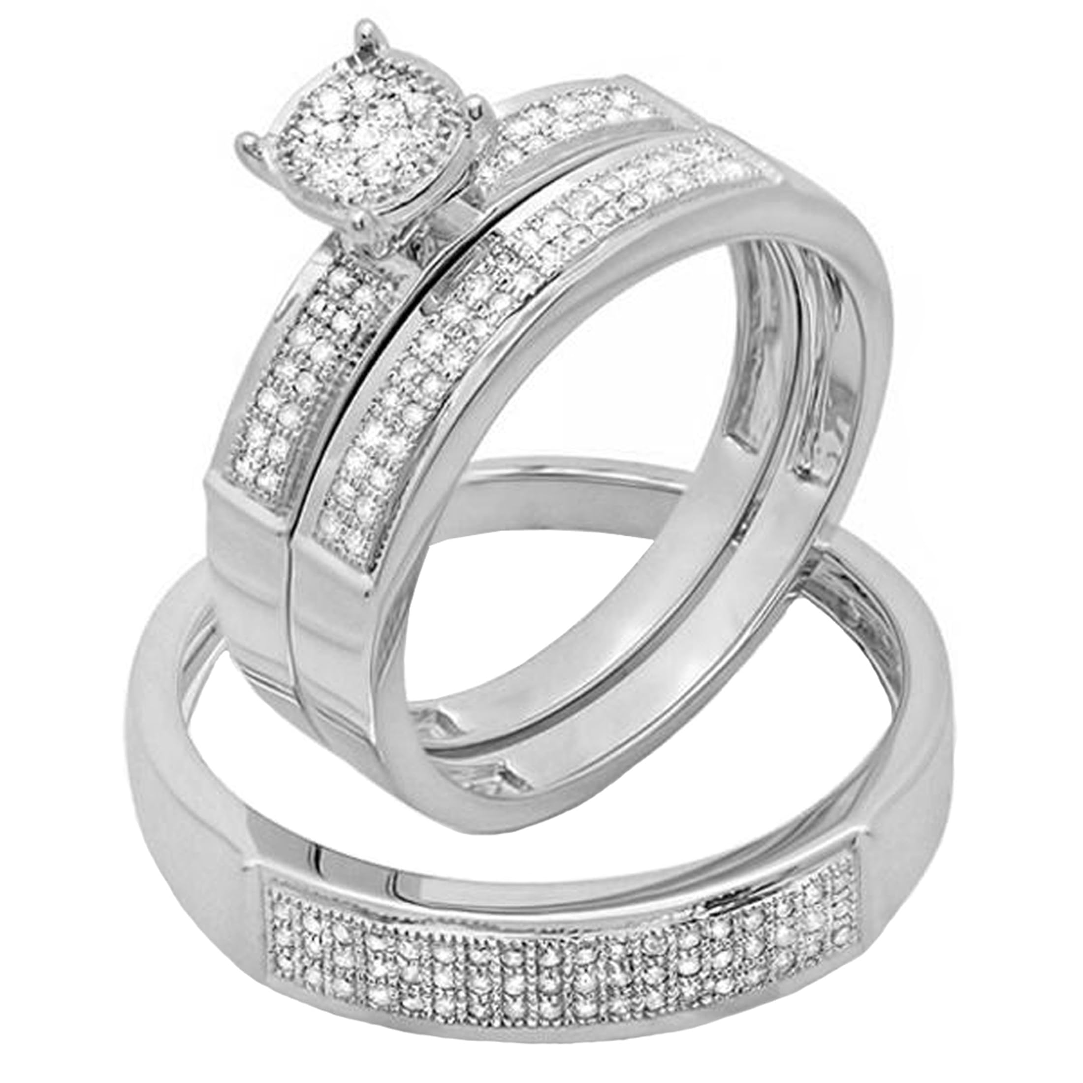 Dazzlingrock Collection 0.30 Carat Round White Diamond Double Row CLuster Trio Ring Set in 925 Sterling Silver, Women Size 8.5 and Men Size 10