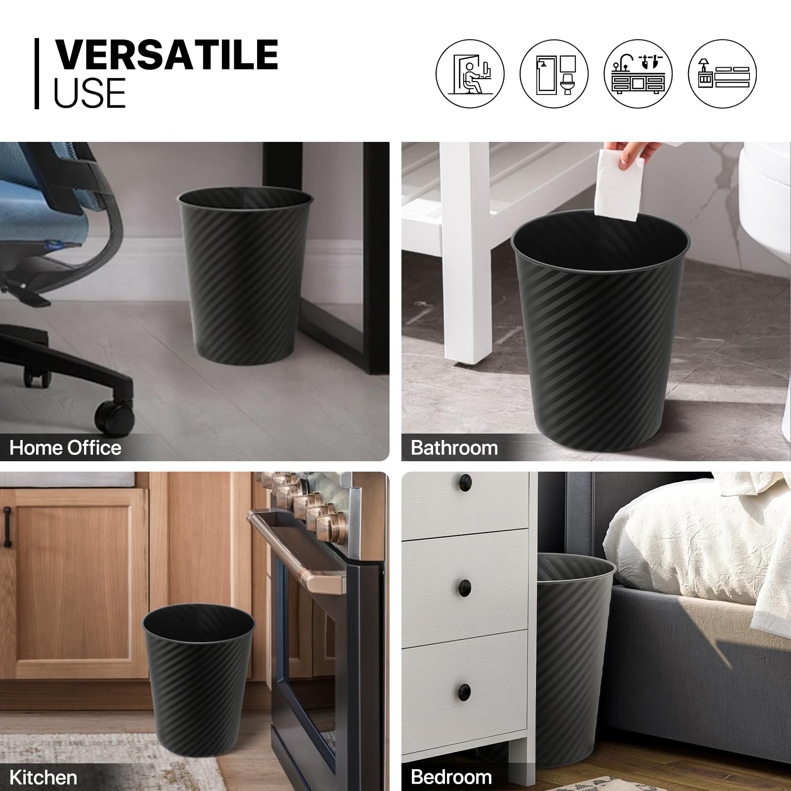 MoNiBloom 1.3 Gallon Small Waste Basket Office Bathroom Bedroom Garbage Container Bin Slim Metal Round Recycling Open Top 5-Liter Wastebasket Home Living Laundry Room Dorm Under Desk (Black, 2-Pack)