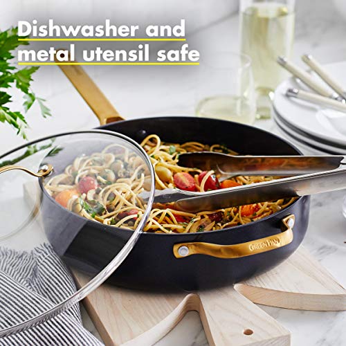 GreenPan Reserve Hard Anodized Healthy Ceramic Nonstick 4.5QT Saute Pan Jumbo Cooker with Helper Handle and Lid, Gold Handle, PFAS-Free, Dishwasher Safe, Oven Safe, Black