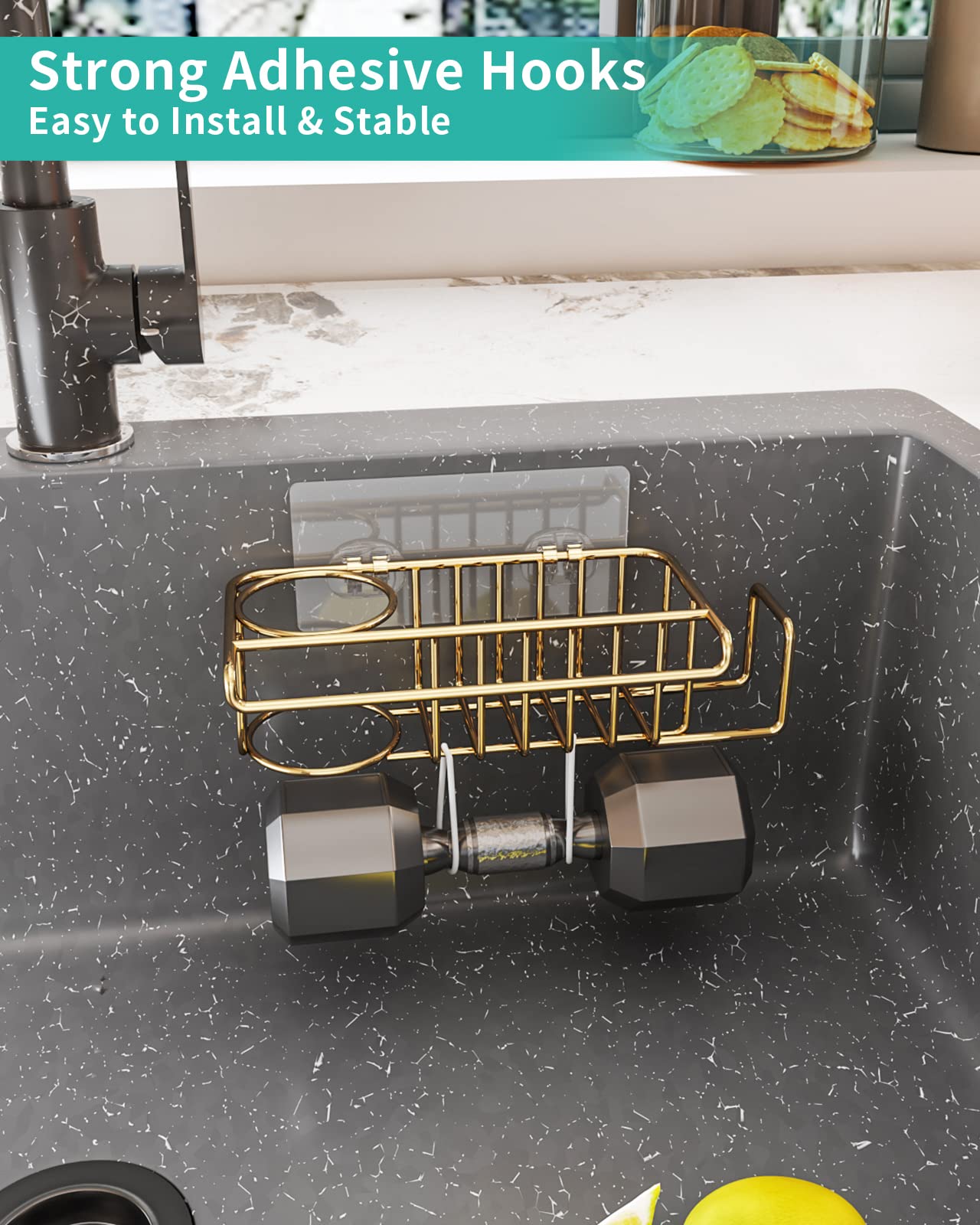 HapiRm Sponge Holder for Kitchen Sink, No Drill Sink Caddy Kitchen Sink Organizer, Rustproof Sink Sponge Holder- Gold(8.46 * 3.54 * 2.36in)