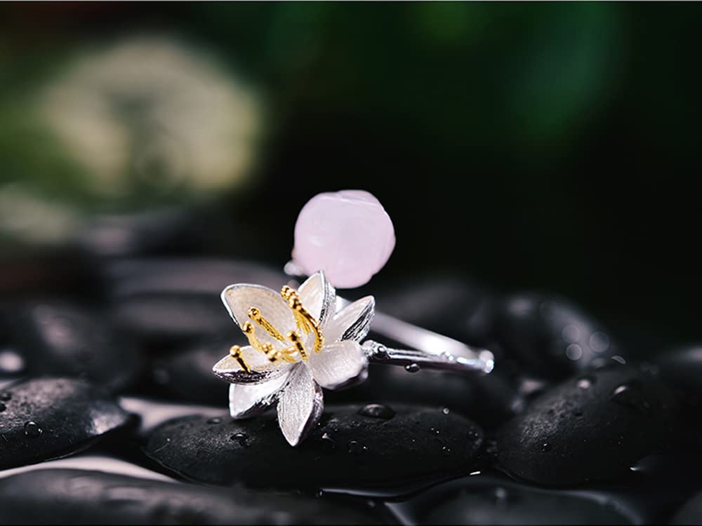 Designer Handmade Gemstone Ring Natural Aventurine Stone with Flower in 925 Sterling Silver Adjustable Ring Size Women Fine Jewelry - PremiumPearl