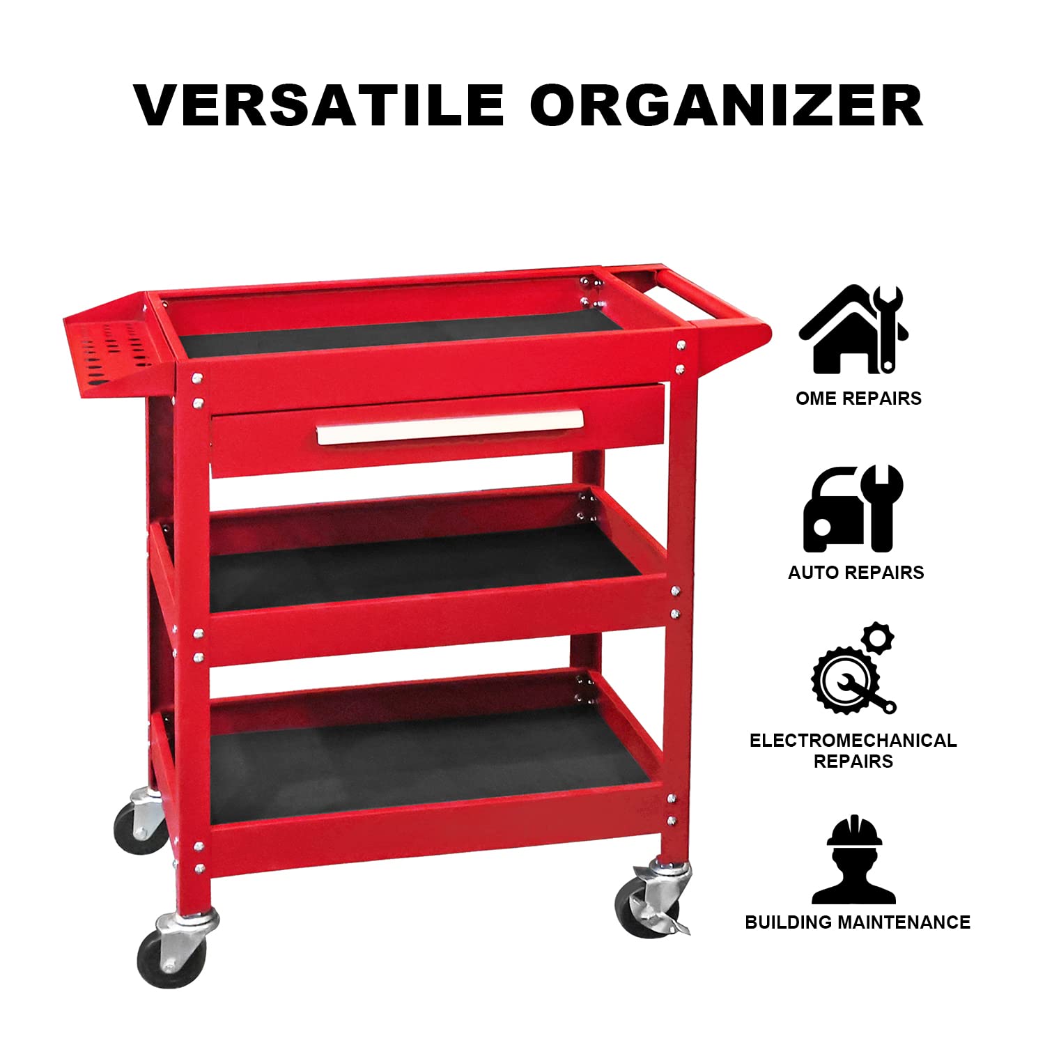 GSTANDARD Rolling Tool Cart with Drawer: 3 Layer Tool Oragnizer with Foam Pad and Heavy Duty Utility Cart with Four Swivel Casters