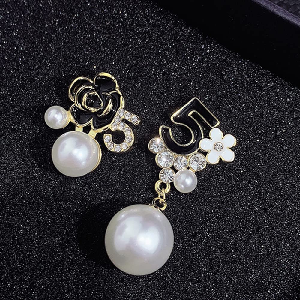 Designer Imitation Pearl Number Five Floral Charm Dangle Drop Earrings Studs
