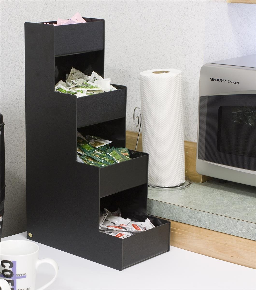 Displays2go 4-Tier Countertop Organizer for Condiments, Space Saving, Open-Pocket, Easy to Clean, Black Acrylic