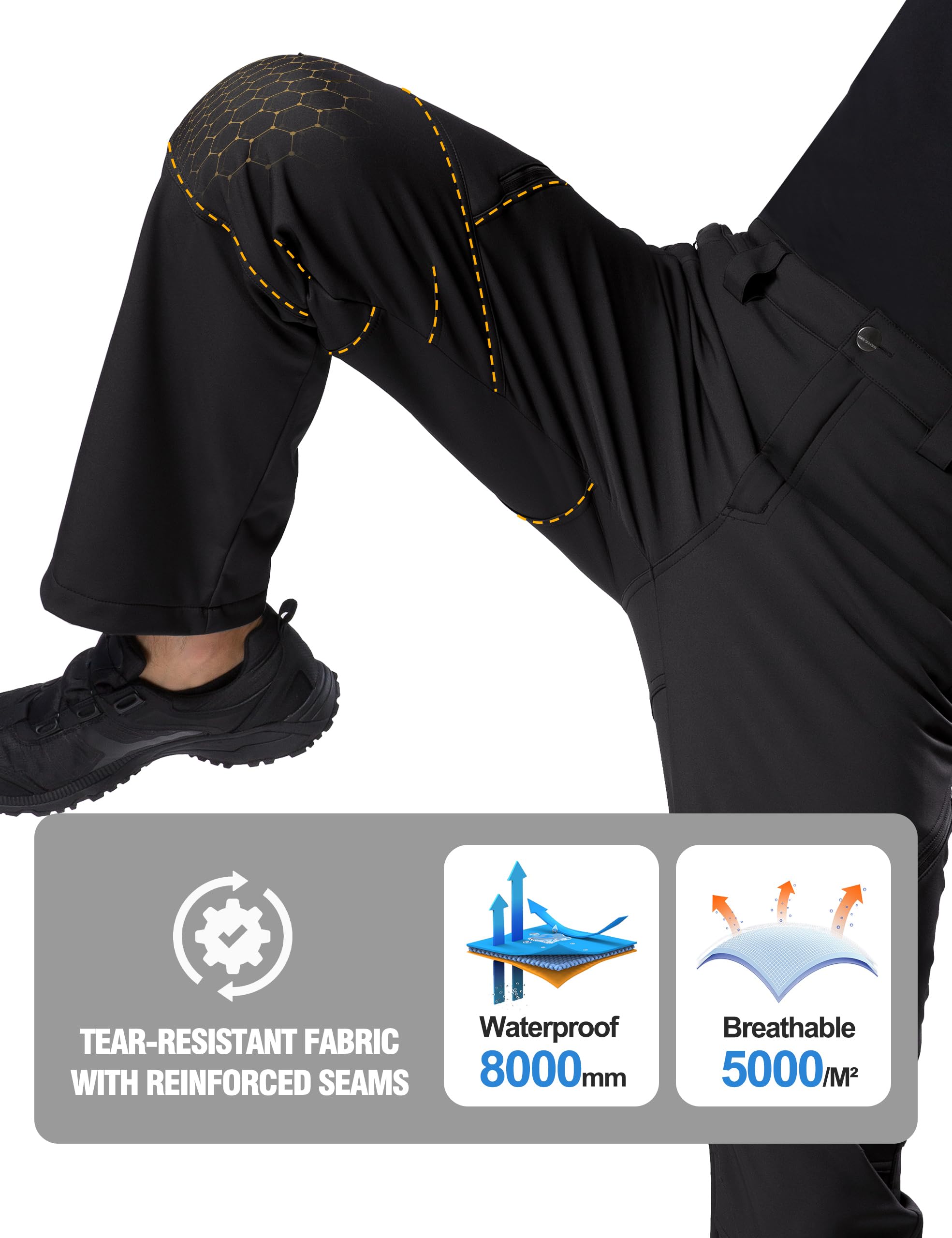 FREE SOLDIER Men's Fleece Lined Outdoor Cargo Hiking Pants Water Repellent Softshell Snow Ski Pants with Zipper Pockets (Black 34W x 30L)
