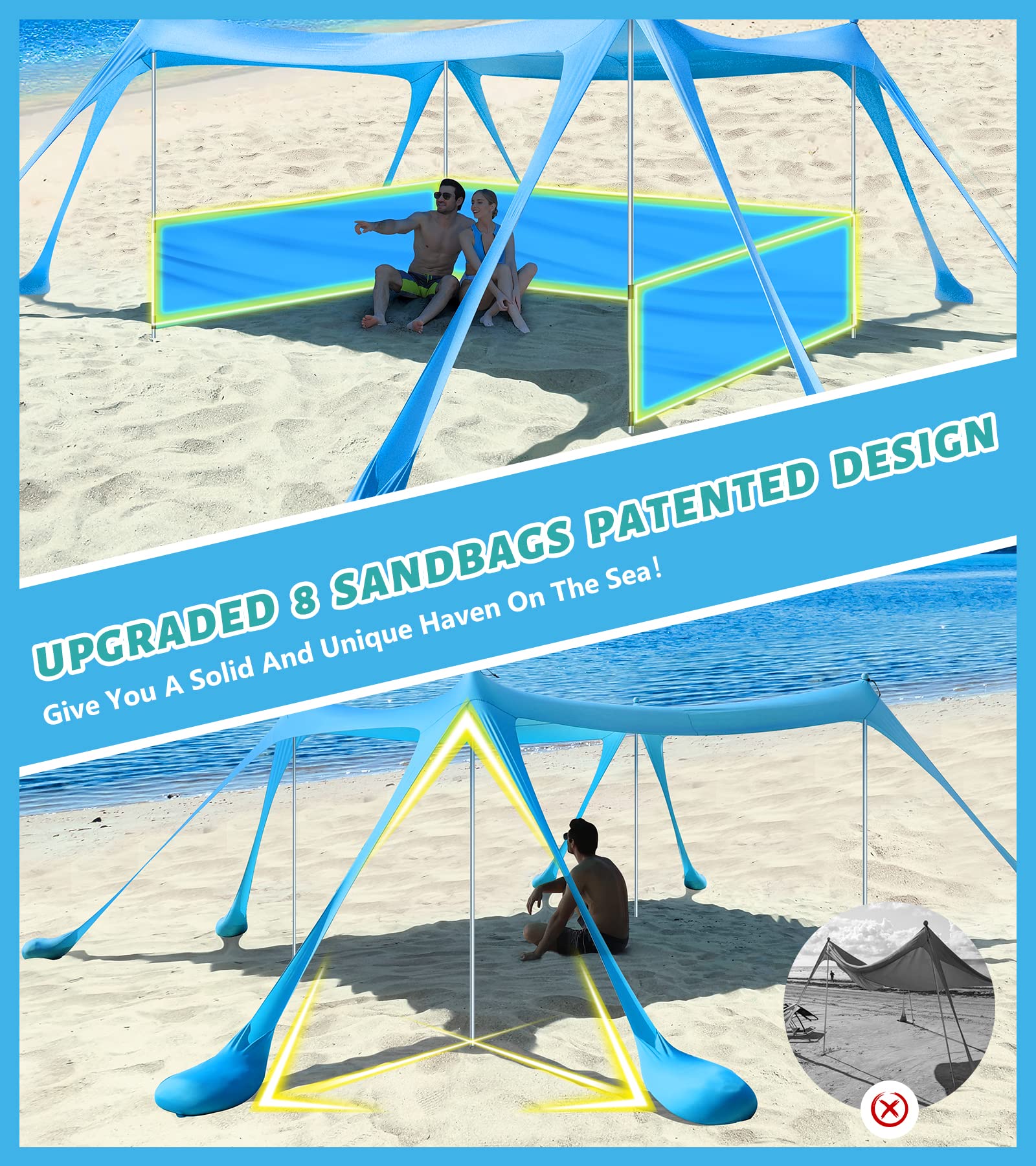 EYEFAME UPF50+ Anti-Wind Beach Tent with Sandproof Private Beach Wind Screen, Stable 8 Sandbags Design Beach Canopy Sun Shade with Carrying Bag, Portable Easy Assemble Sun Shelter for Outdoor Camping