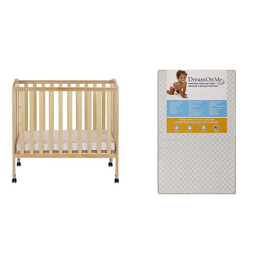 Dream On Me 3 in 1 Portable Folding Stationary Side Crib with Dream On Me 3 Portable Crib Mattress, White