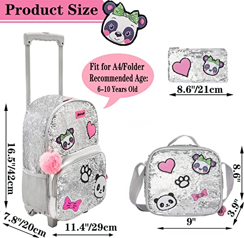 Meetbelify Girls Rolling Backpack Sequin Rolling Backpacks with Wheels for Girls for Elementary Preschool Cute Panda Roller Luggage with Lunch Box for 6-12 Girls