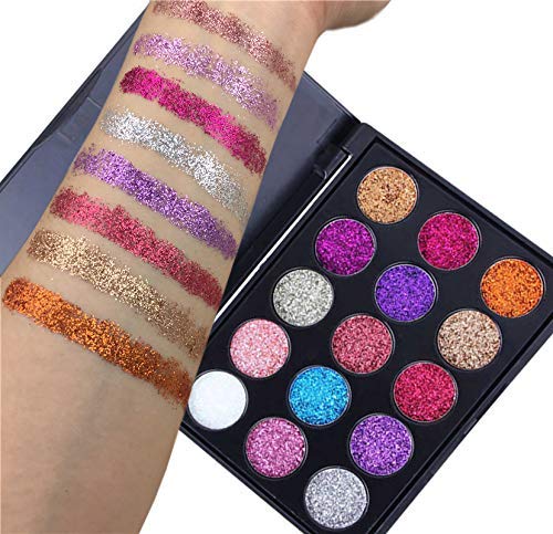 evpct 15 Colors Shimmer Glitter Sparkle Glittery Eyeshadow Makeup Palette Pallet Glitter for Girls,Pink Silver Red Rose Green Sparkling Sparkly Glitter Gel Pigment Eyeshadow Face Paint Makeup Palette