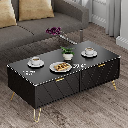 Scurrty 39.4'' Coffee Table with Large Drawers & 2 Open Storage Shelves, Black Modern Coffee Tables with Gold Metal Handles for Living Room, Bedroom and Study (Black)