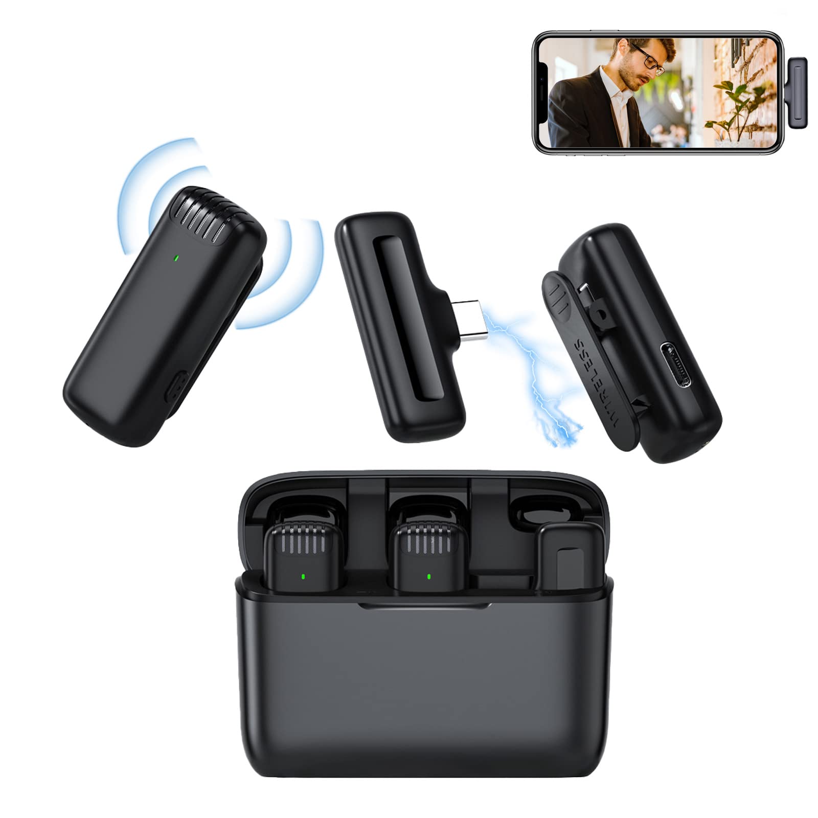 Eyftear Wireless Lavalier Lapel Mic Clip On Microphone for iPhone iPad Noise Cancelling Microphones Set for Recording Live Stream Vlogging (2 Mic with Charging Case)