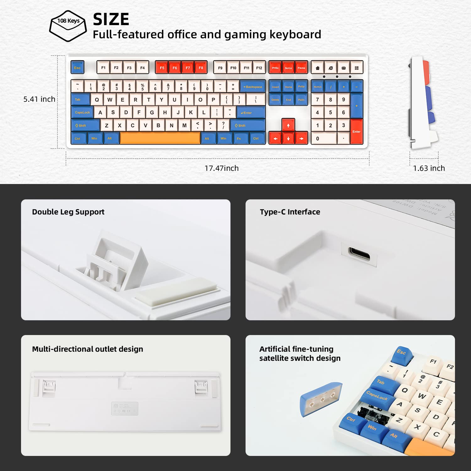 DUSTSILVER Mechanical Keyboard PC Gaming Keyboard with Number Pad Hot Swappable Optical Switches Optical Red Switch Spill-Resistant USB Wired 108-Key for Windows PC Mac