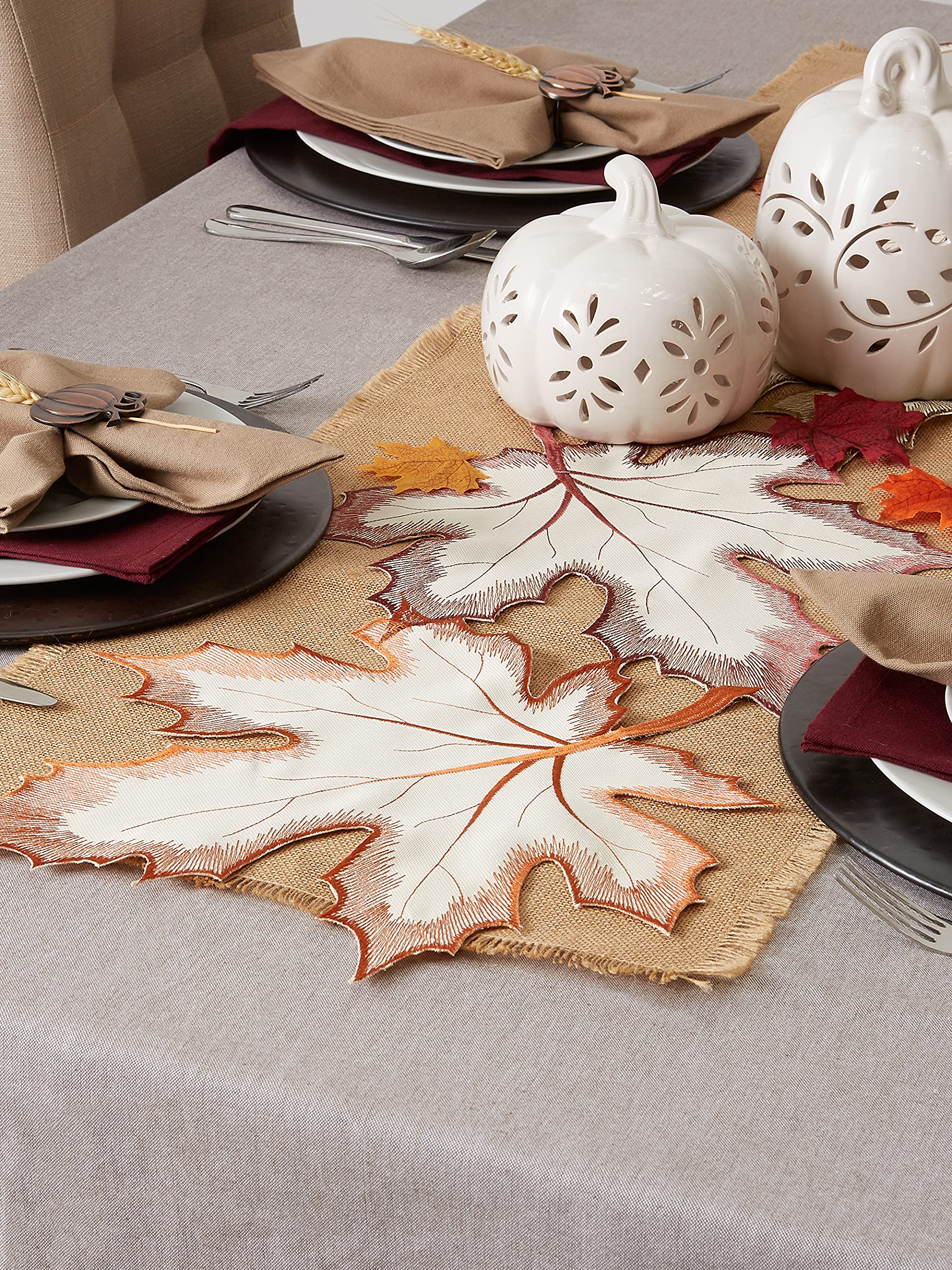 DII Fall Table Decorations Indoor Décor, Thanksgiving, Table Runner, 14x108, Embroidered Cut Work Leaves