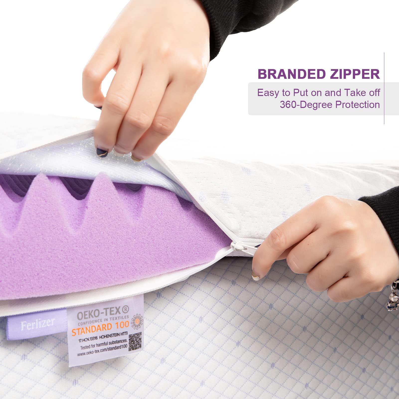 Ferlizer 4 Inch Queen Mattress Topper Cover, Lavender Infused Bamboo Zippered Cover for Mattress Topper, Adjustable Straps, Removable and Washable