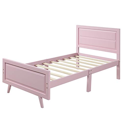 MWrouqfur Twin Size Wood Platform Bed Frame for Kids,Bed Frame Mattress Foundation with Headboard and Wood Slat Support for Girls Boys (Pink)
