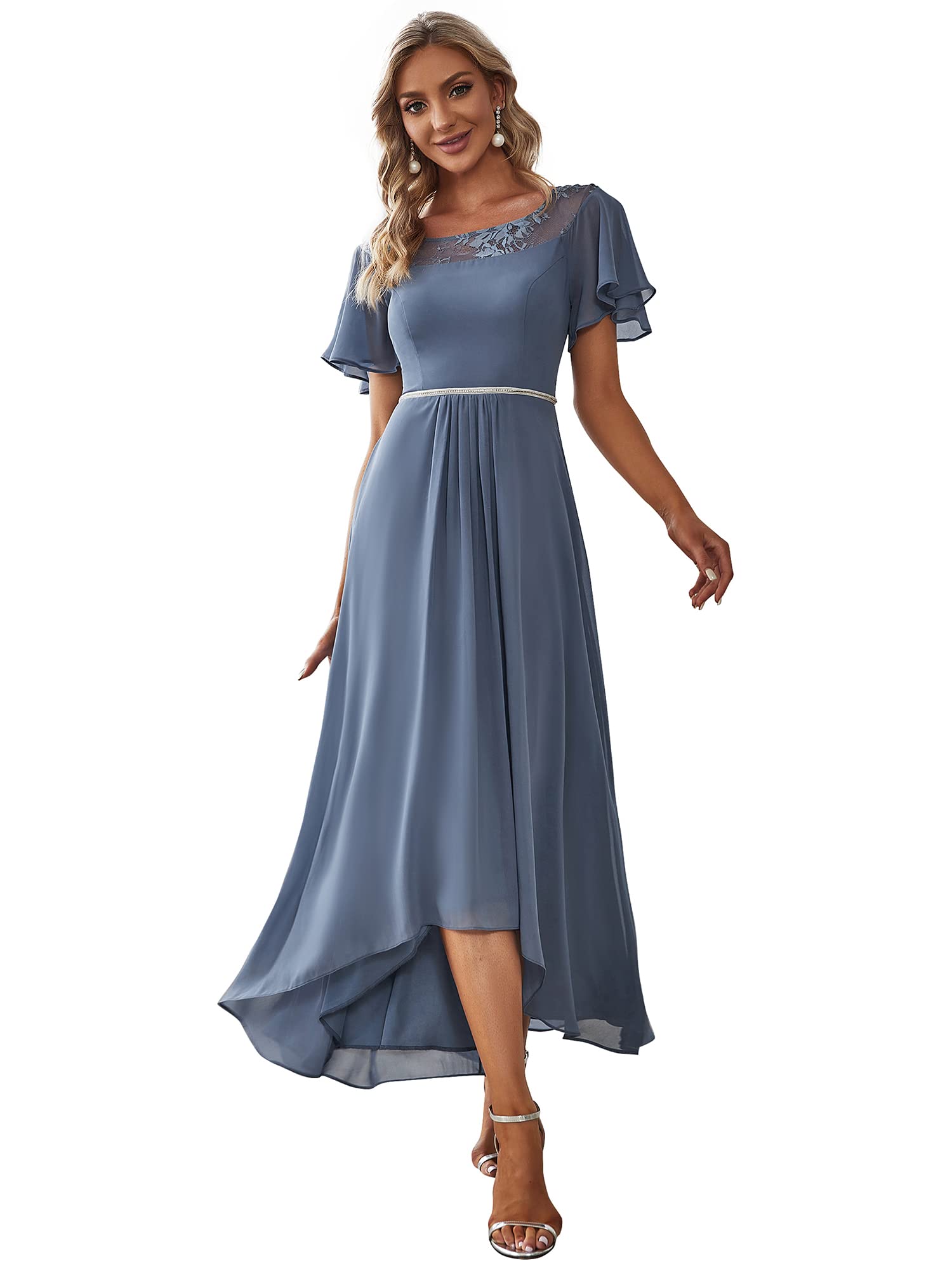 Ever-Pretty Women's Ruffles Sleeve High Low Lace Beaded Chiffon Midi Bridesmaid Gowns Wedding Guest Dress Dusty Blue US14