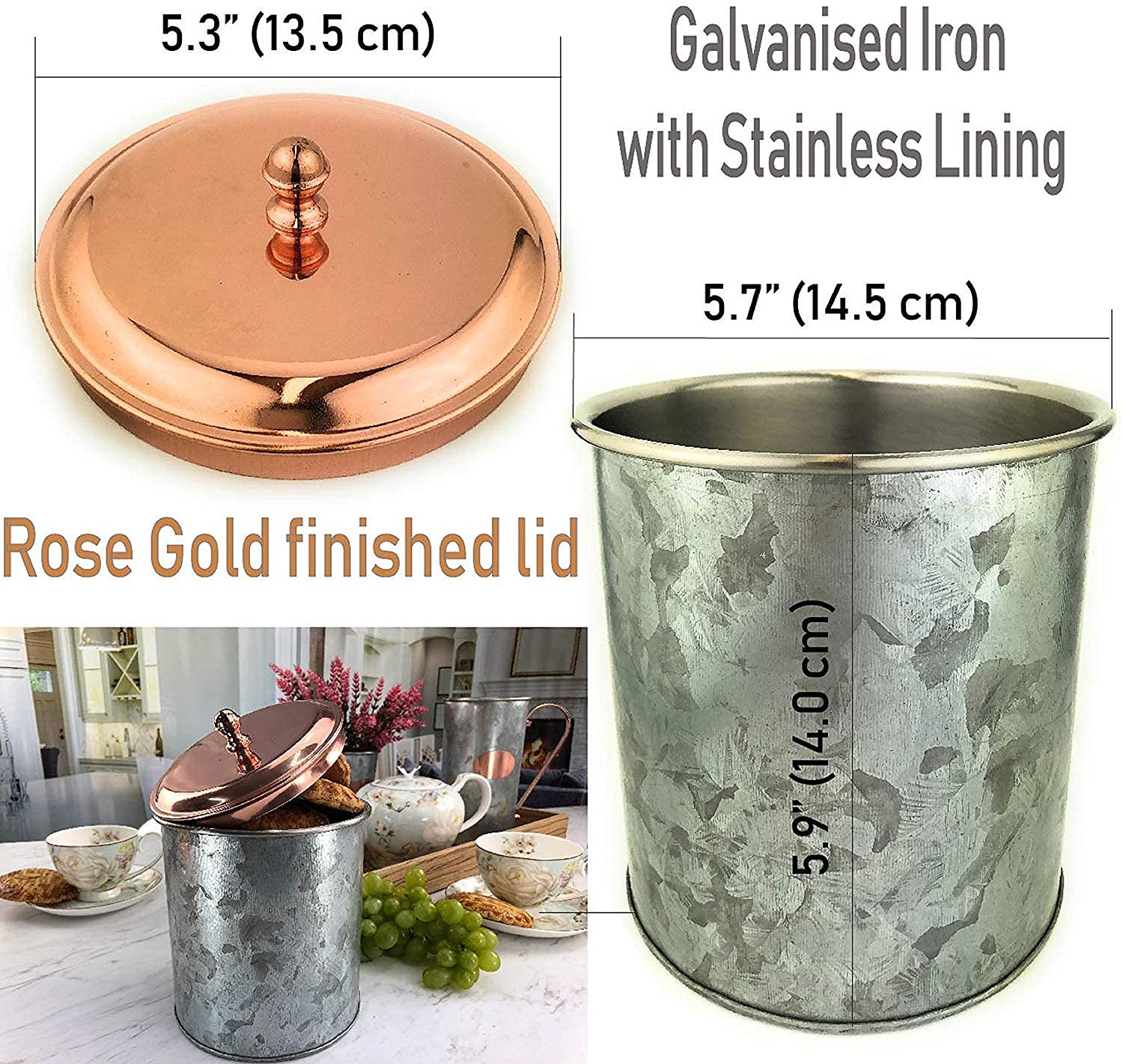 Galrose Galvanized Iron Insulated Ice Bucket β Rose Gold Lid, 2 Liter Stainless Steel Double Wall 5.5" x 6β Rustic Wine Chiller or Champagne Bucket. Unique 6th Iron Anniversary or Birthday Gift