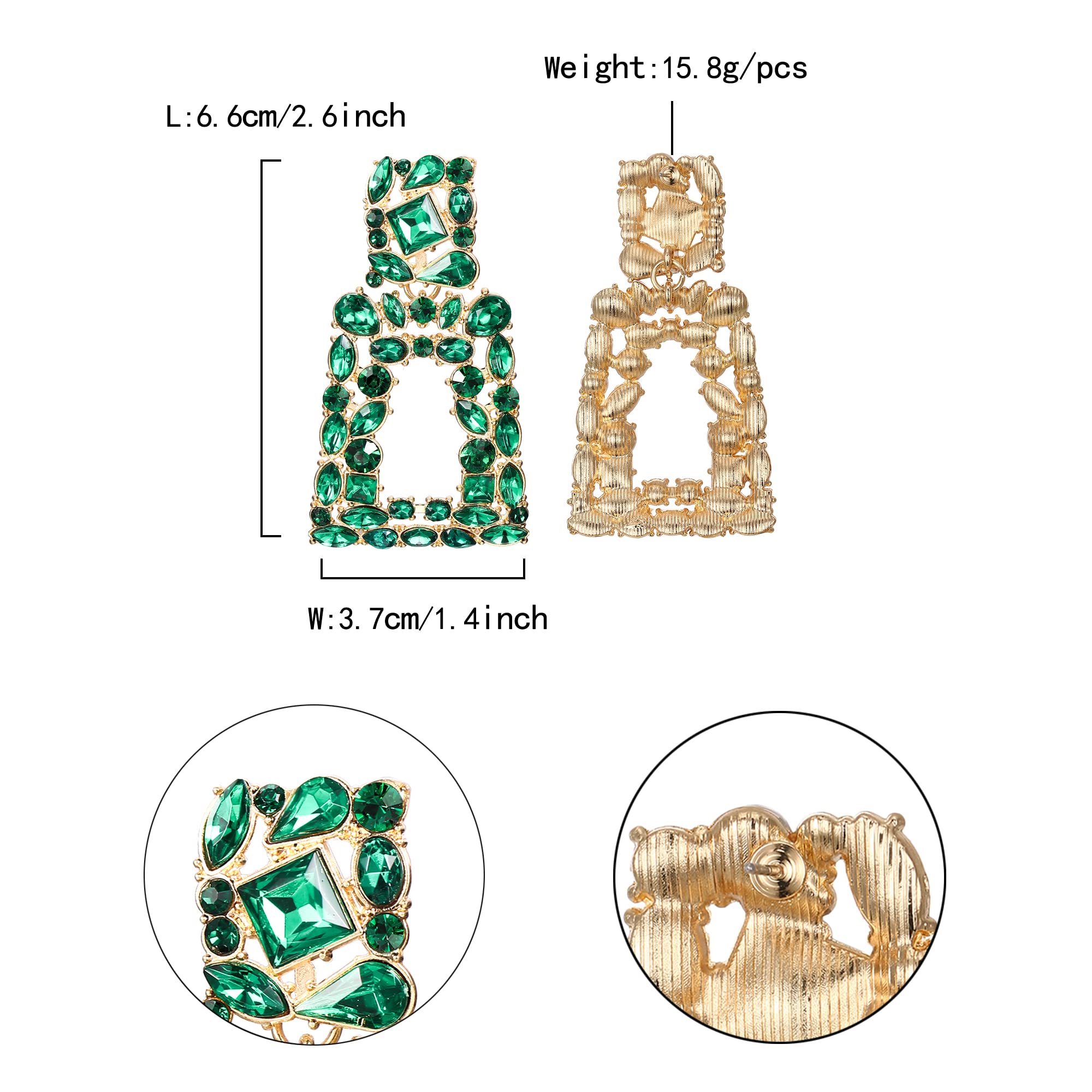 Flyonce Green Earrings for Women, Emerald Green Rhinestone Wedding Party Costume Statement Rectangle Dangle Geometric Earrings Gold-Tone