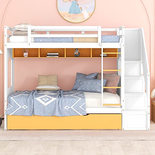 HomSof Twin Over Twin Bunk Bed with Trundle,Stairs,Ladders Solid Wood Bunk Bed with Storage Cabinet (White + Yellow)