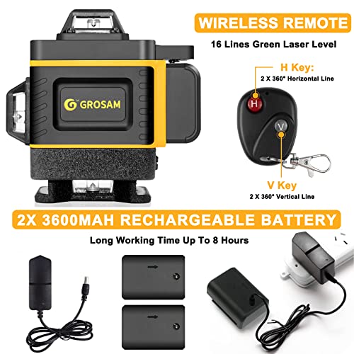 GROSAM Laser Level, 16-line Green Laser Level For Self-leveling Of Buildings And Picture Hangings, Two 360° Vertical Lines And Two 360° Horizontal Lines With Battery Power Detection