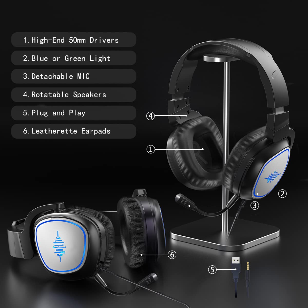 GAMELITE Wireless Gaming Headset Headphones with Microphone for Nintendo Switch PS5 PS4 PC Up to 40Hrs 2.4G Wireless Bluetooth RGB Gaming Headsets Over Ear Noise Canceling Mic Wired Mode for Xbox