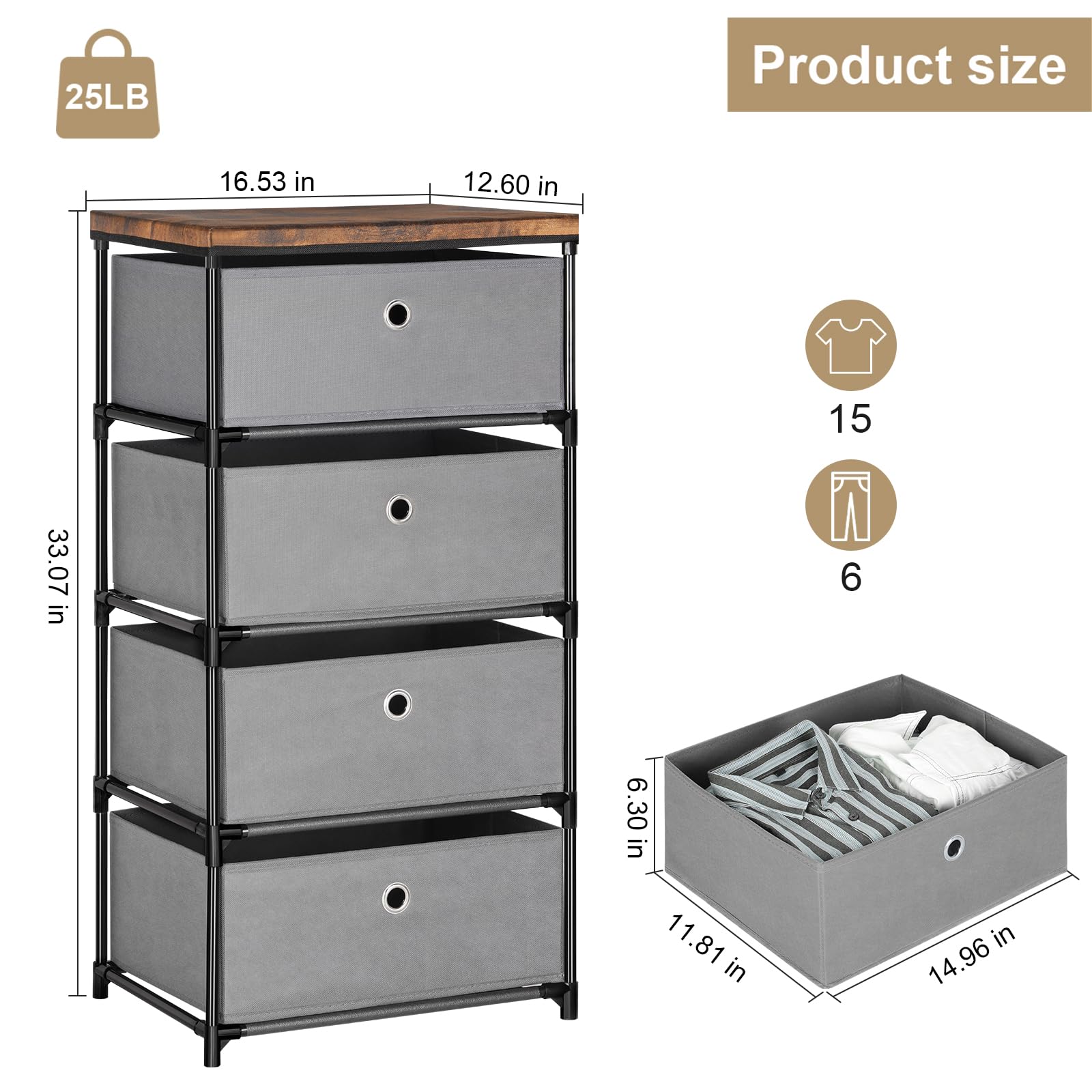 MOOACE Fabric Storage Dresser with Drawers, 4 Drawers Clothes Organizer and Storage Tower for Bedroom, Small Fabric Storage and Chest of Drawers, Gray
