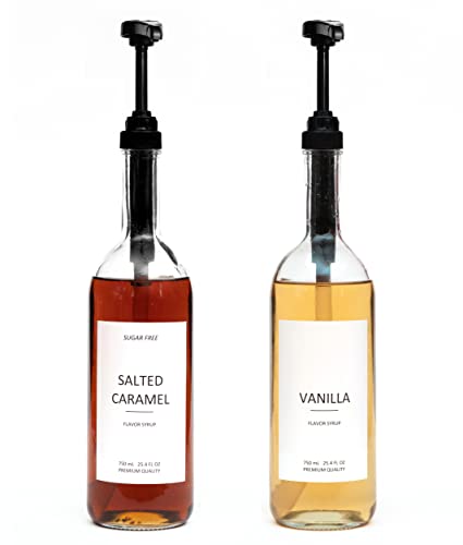 Demi's Home 25.4 oz 750 ml Glass Coffee Syrup Dispenser for Coffee Bar - 2 Pack - Comprehensive Label Set & Âź oz Pumps Included - Coffee Bar Accessories