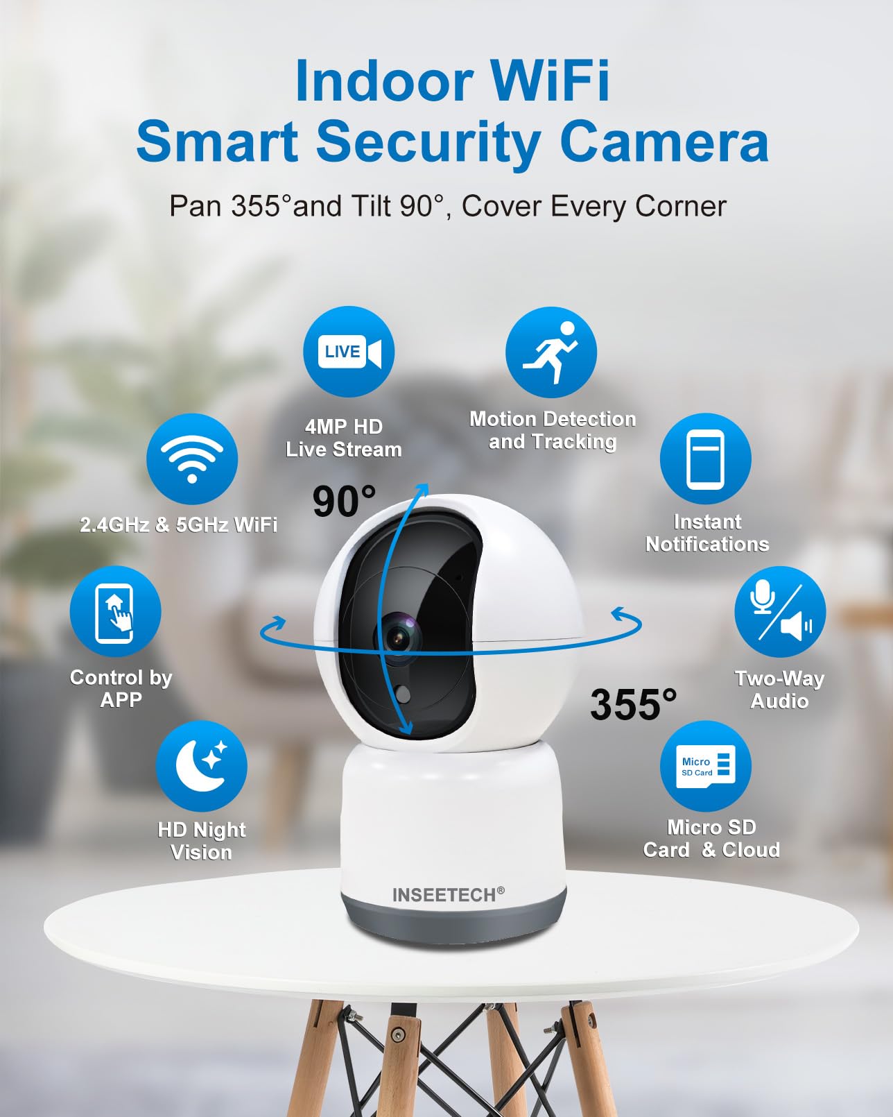 INSEETECH 4MP Wireless Indoor Security Camera, 2.4GHz WiFi for Home, Baby, Pet Monitoring. Motion Detection, Auto Tracking, 2-Way Talk, Tuya App. Ideal for Home Security. (One Kits-2.4GHz Camera)