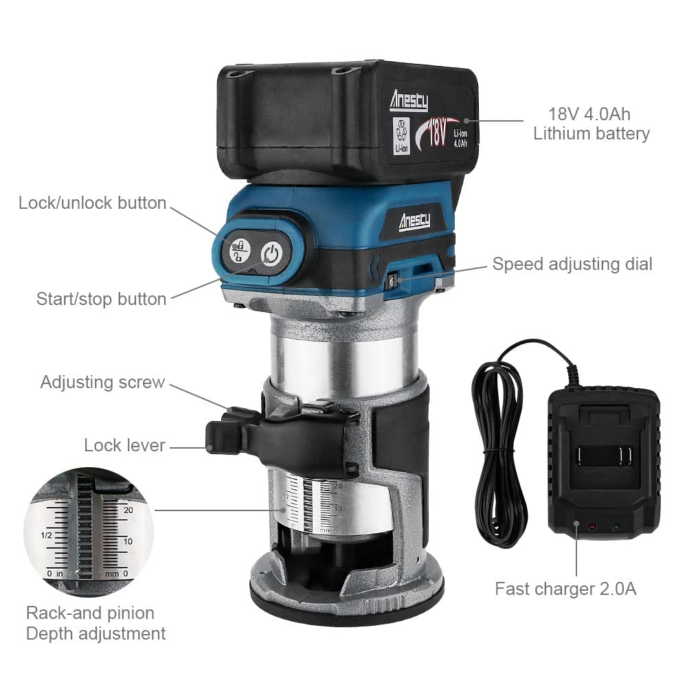 Cordless Trim Router Woodworking Kit - 18V Brushless Palm Router Compact Router with Trimmer/Fixed Base, Variable Speed Wood Router Laminate Trimmer Tool with Fast Charger, 1/4" & 3/8" Collet etc
