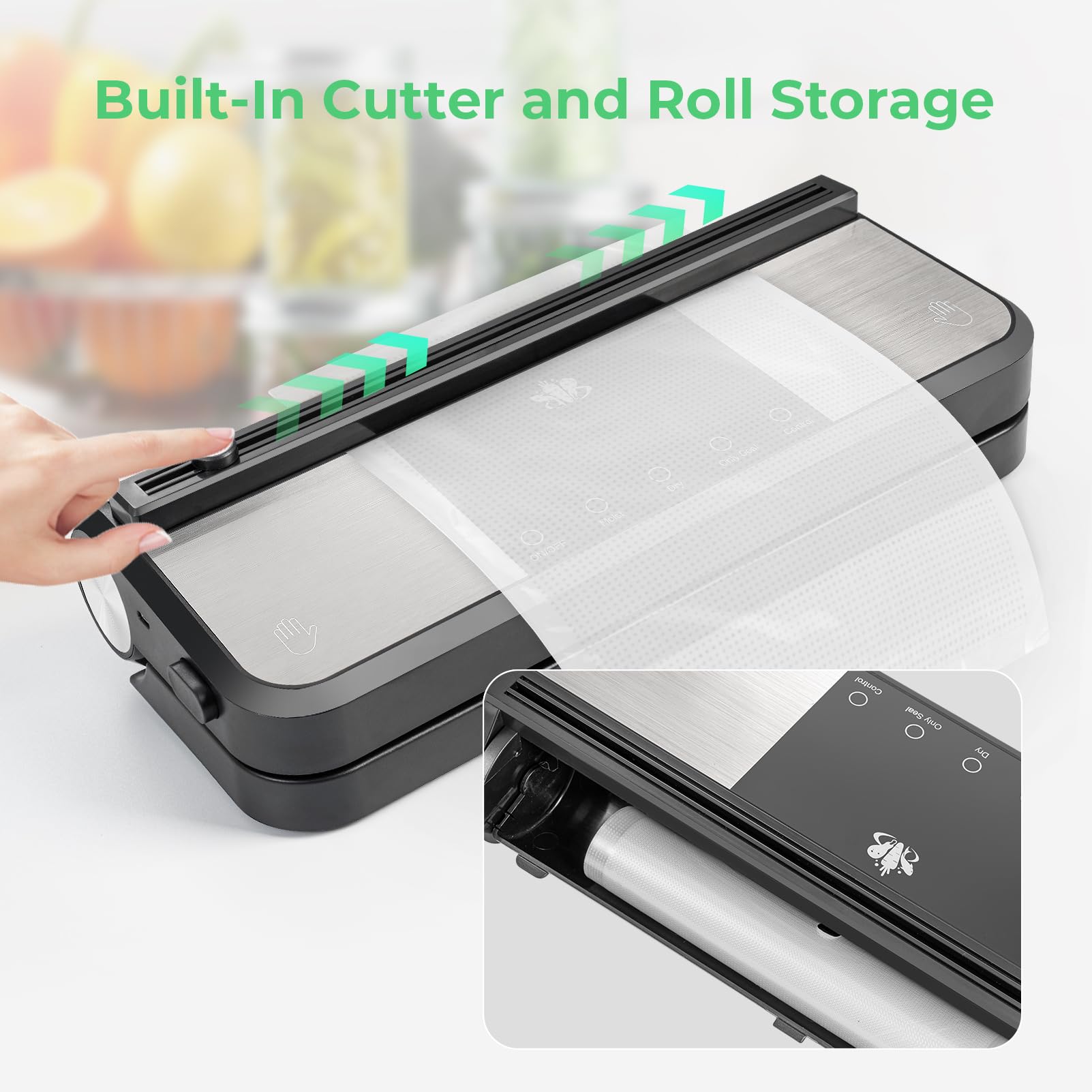 Cordless Vacuum Sealer Machine, Rechargeable Vacuum Sealer for Dry/Moist Food, Build in Cutter and Bag Storage, With External Suction Hose, 1 Pack Vacuum Sealer Roll (Silver and White)