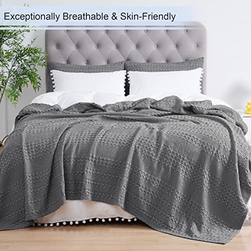 PHF 100% Cotton Waffle Weave Blanket King Size - Washed Soft Lightweight Blanket for All Season - Breathable and Skin-Friendly Blanket for Couch Bed Sofa 108"x90" - Dark Grey