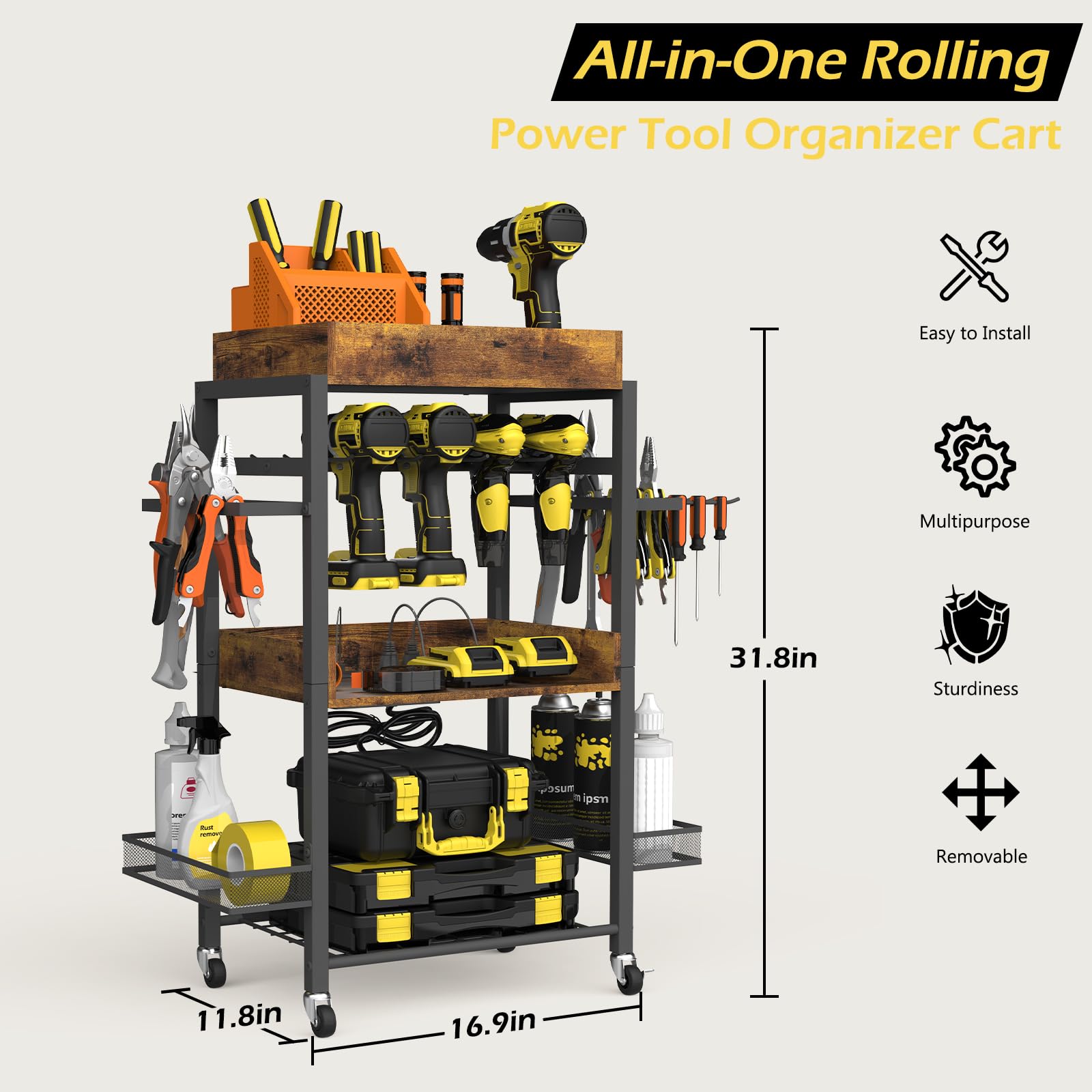 MOOACE Power Tool Organizer Storage Cart with Charging Station and Wheels, 4 Tier Heavy Duty Metal Rack, Rolling Tool Utility Cart, for Workshop, Garage, Workbench, Brown