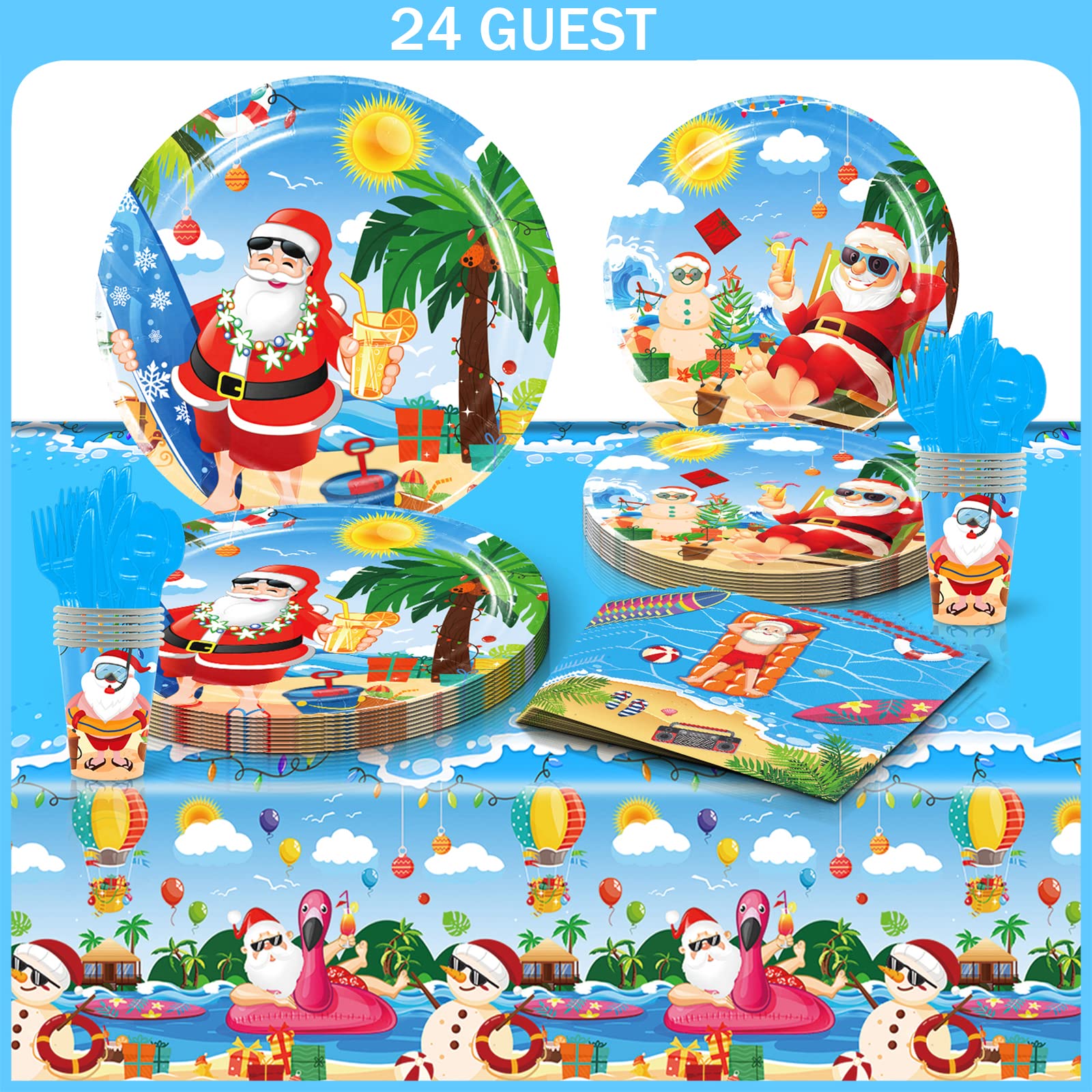 Dreasmt Christmas in July Tablecloths Table Decorations - Summer Beach Hawaiian Santa Plastic Table Covers for Pool Hawaii Mele Kalikimaka Tropical Christmas Party Decorations