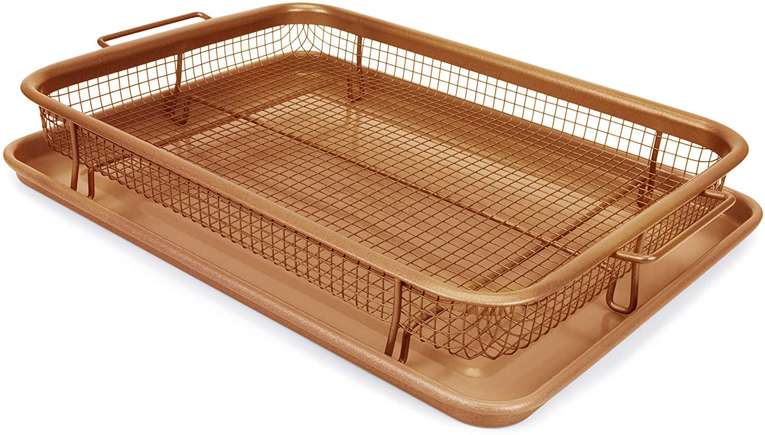 EaZy MealZ Crisping Basket & Tray Set | Air Fry Crisper Basket | Tray & Grease Catcher | Even Cooking | Non-Stick | Healthy Cooking (9.5" x 13", Copper)