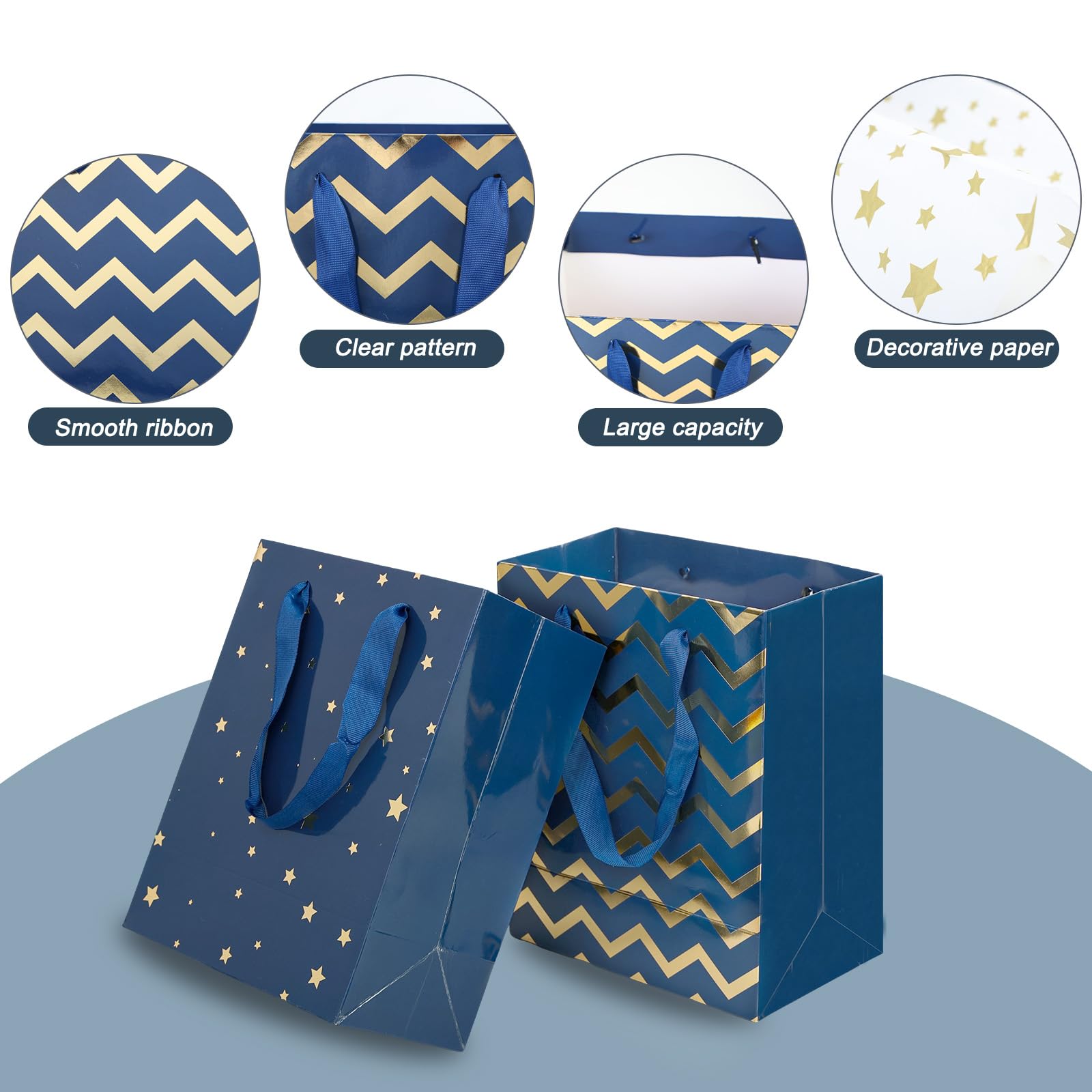 Moretoes 4 Pack Gift Bags Medium Size with Tissue Paper, Blue Gift Bags Assorted Premium for Birthday, Graduations, Wedding, Thanksgiving, Holiday, Father's Day (7" X 4" X 9")