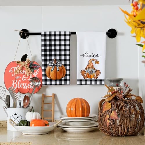 GEEORY Fall Kitchen Dish Towels Set of 2 for Fall Decor,Thankful Gnomes Orange Printed Pumpkin 18x26 Inch Drying Dishcloth,Farmhouse Home Decoration GD103