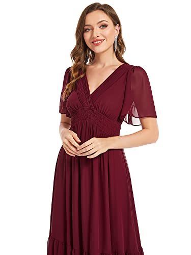 Ever-Pretty Women's Chiffon V Neck Back Lace up Short Sleeves Pleated Maxi Bridesmaid Dress Burgundy US10