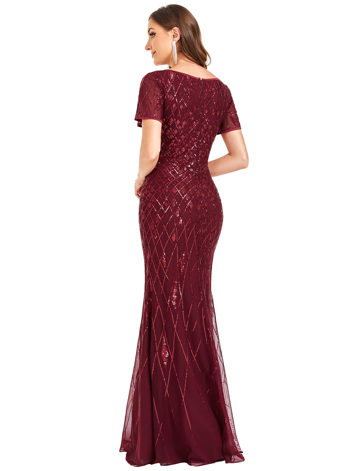 Ever-Pretty Women's Deep V-Neck Short Sleeves Open Back Fishtail Sparkle Formal Dresses Burgundy US6