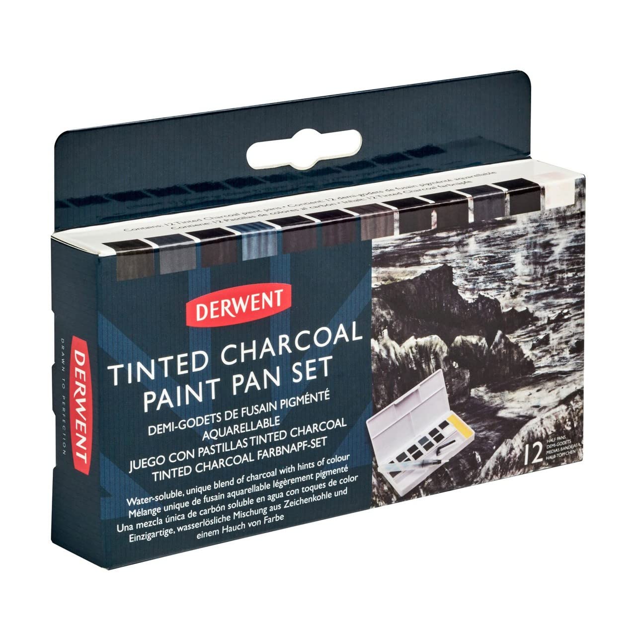 Derwent Tinted Charcoal Paint Pan Set, 12 Paints, Professional Quality, Water Soluble, Blendable, Portable, Includes Palettes, Mini Waterbrush & Cleaning Sponge (2305872) 1 Count (Pack of 1)