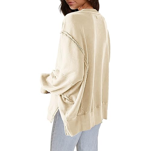 iHPH7 Womens Oversized Crewneck Sweatshirts Pullover Workout Tops Fall Long Sleeve Teen Girls Loose Outfits Preppy Cute Clothes Beige