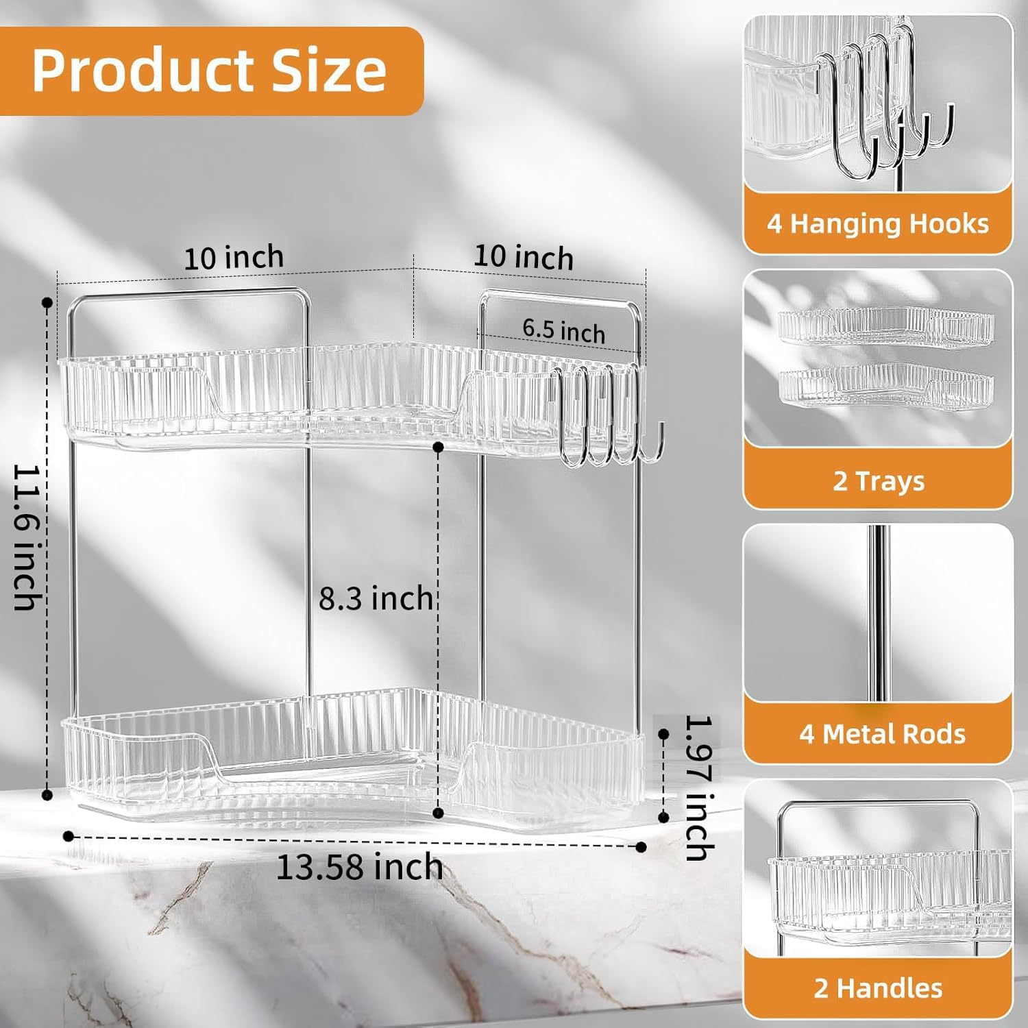 Kinkota 2 Tier Corner Bathroom Organizer Countertop, Plastic Bathroom Counter Organizer, Vanity Tray Sink Shelf with Hooks, for Makeup Storage (Clear)