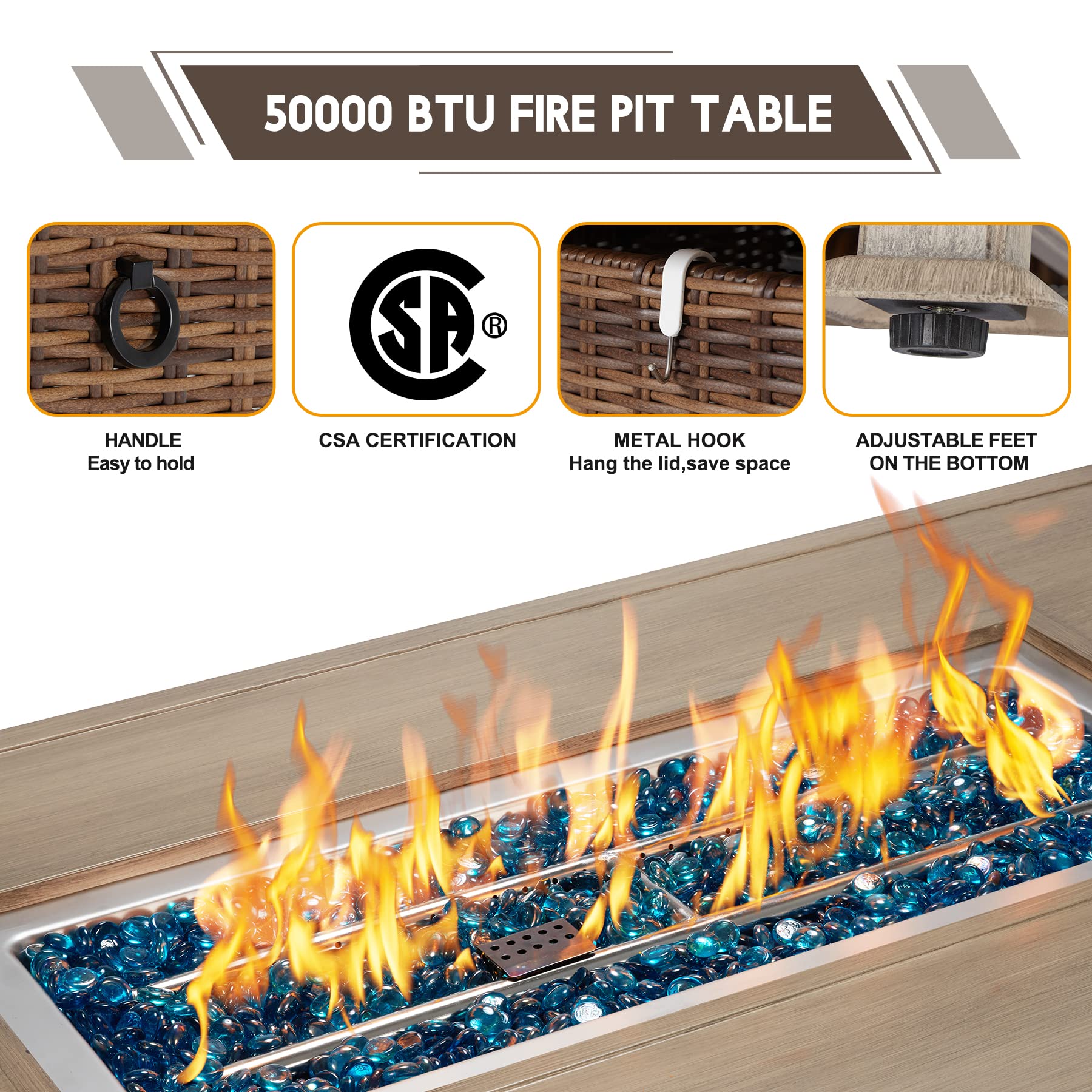 GYUTEI 50in Outdoor Propane Gas Fire Pit Table with Glass Wind Guard,50,000 BTU Rectangle Firepit w/CSA Certification,Aluminum Tabletop for Garden Patio(Grey)
